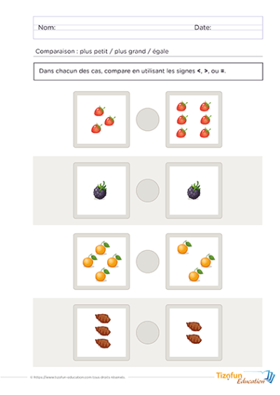 Fiches à imprimer pour comparer les nombres de 1 à 20 avec les signes ...