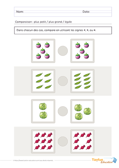 Fiches à imprimer pour comparer les nombres de 1 à 20 avec les signes ...