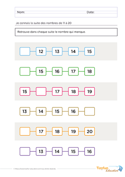 Exercices sur la suite des nombres jusqu'à 20 pour enfants - Tizofun ...
