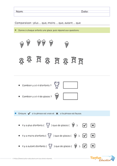 Exercices de comparaison des quantités pour enfants : plus, moins ...