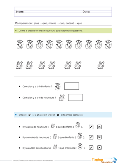Exercices de comparaison des quantités pour enfants : plus, moins ...