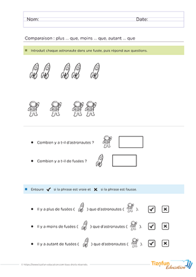 Exercices de comparaison des quantités pour enfants : plus, moins ...