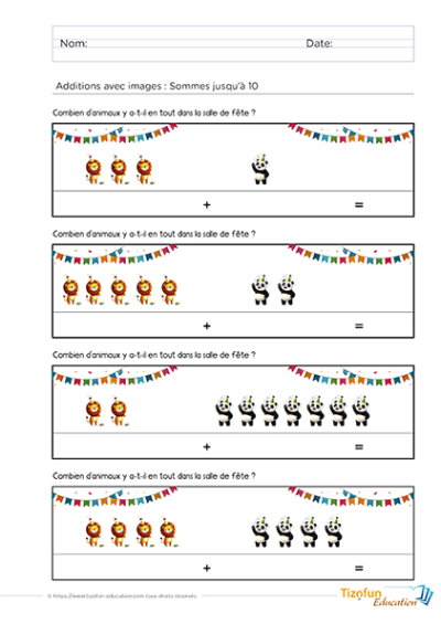 Addition avec images jusqu'à 10 - Exercices d’addition pour enfants ...