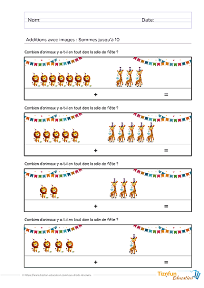 Addition avec images jusqu'à 10 - Exercices d’addition pour enfants ...