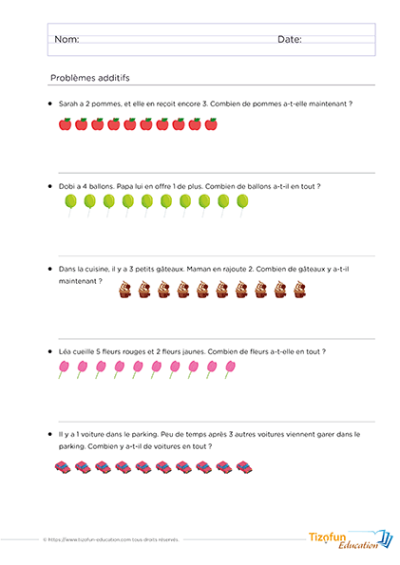 Problèmes additifs avec des sommes jusqu'à 10 : Fiches à imprimer ...