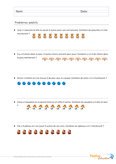 Problèmes additifs avec des sommes jusqu'à 10 : Fiches à imprimer ...