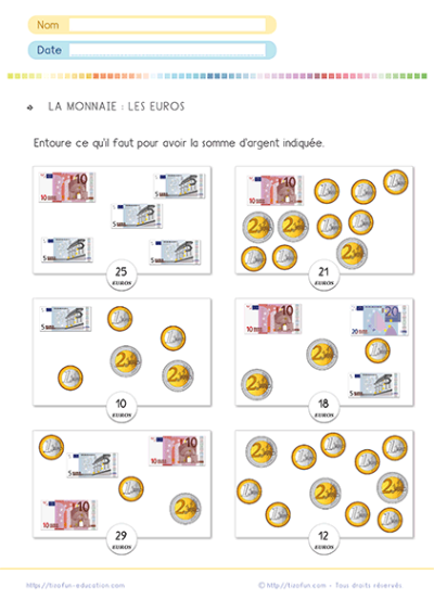 Apprendre la monnaie euro aux enfants : exercices sur l'euro et les ...