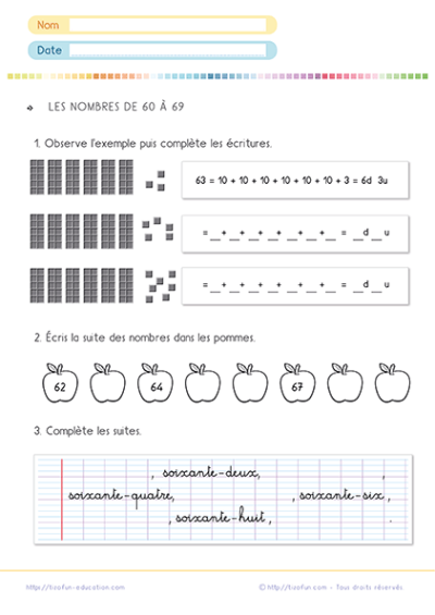 Apprendre les nombres de 60 à 69 au CP et CE1 : exercices ludiques ...