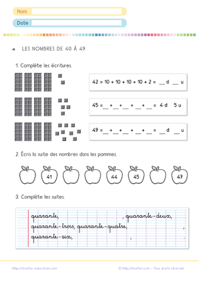 Exercices pour apprendre les nombres de 40 à 49 : fiches et activités ...