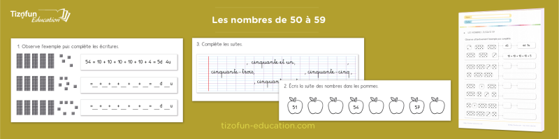 Apprendre les nombres de 50 à 59 en primaire : exercices et activités ...