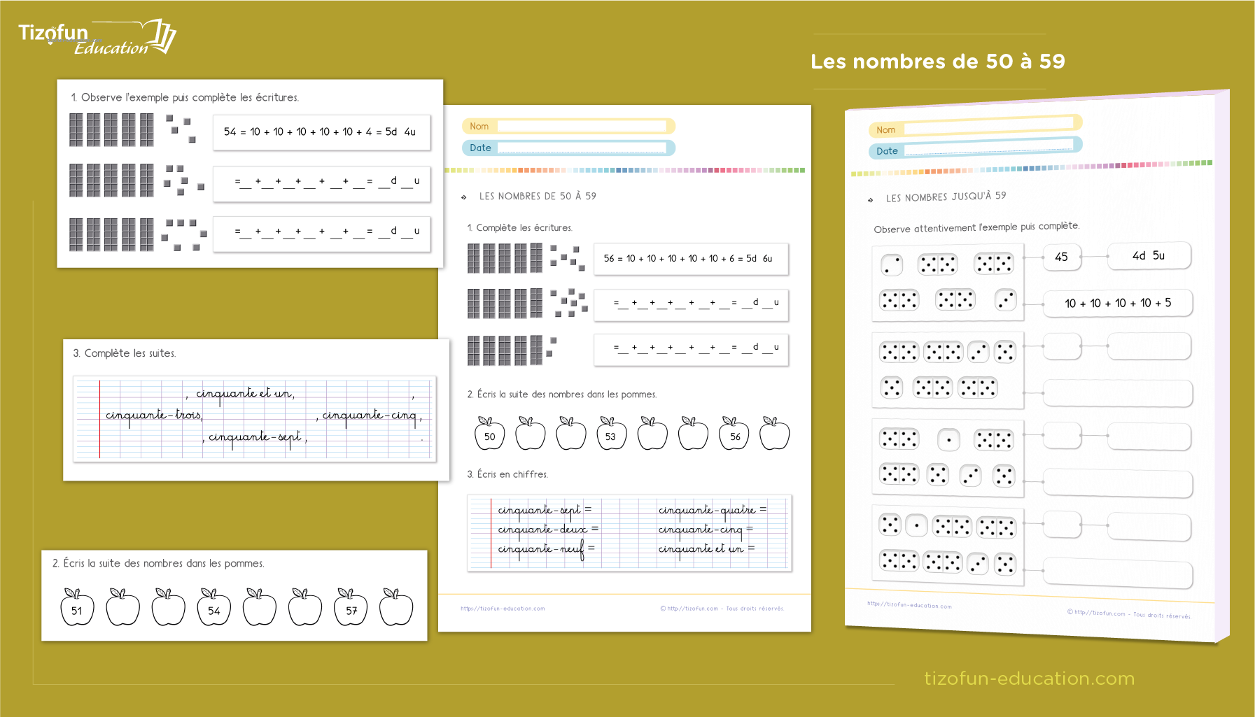 Apprendre les nombres de 50 à 59 en primaire : exercices et activités ...